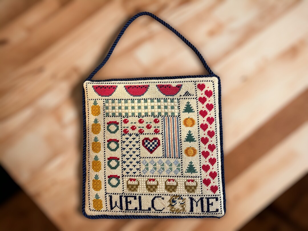 Vintage WELCOME Cross Stitch Sampler - Watermelon, Pineapple, Pine Tree ...