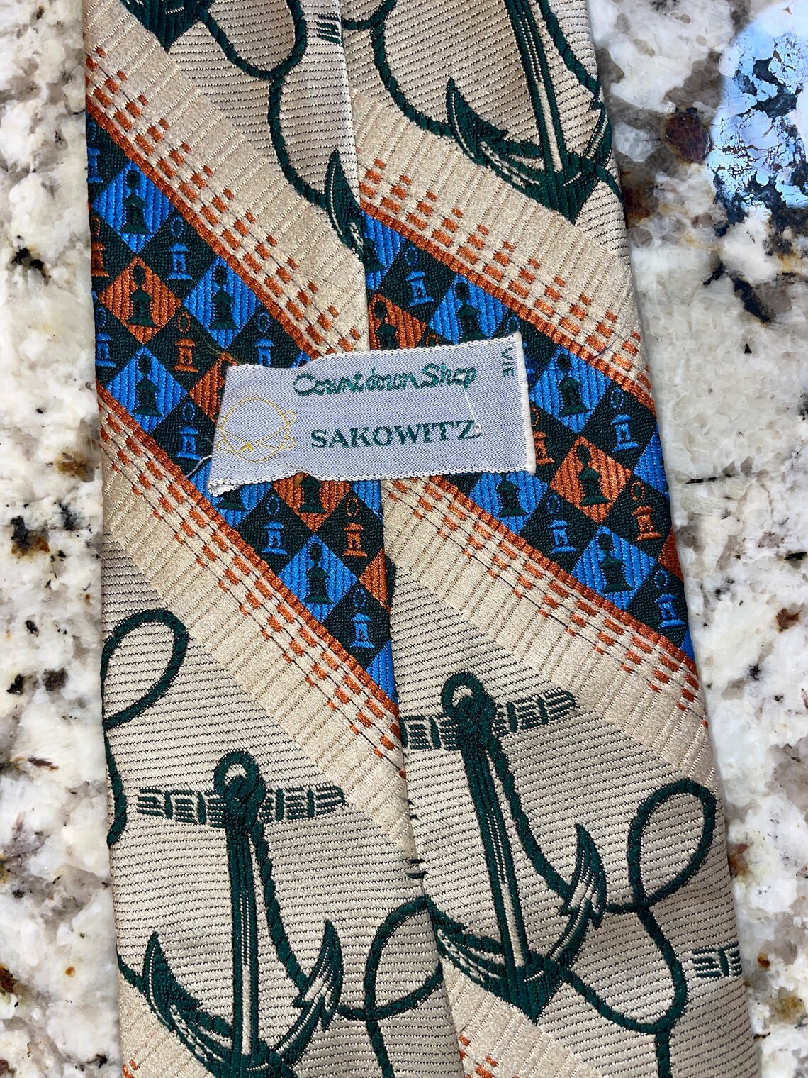 Retro Sakowitz Nautical Anchors and Chess Piece Neck Tie - Orange, Blue ...
