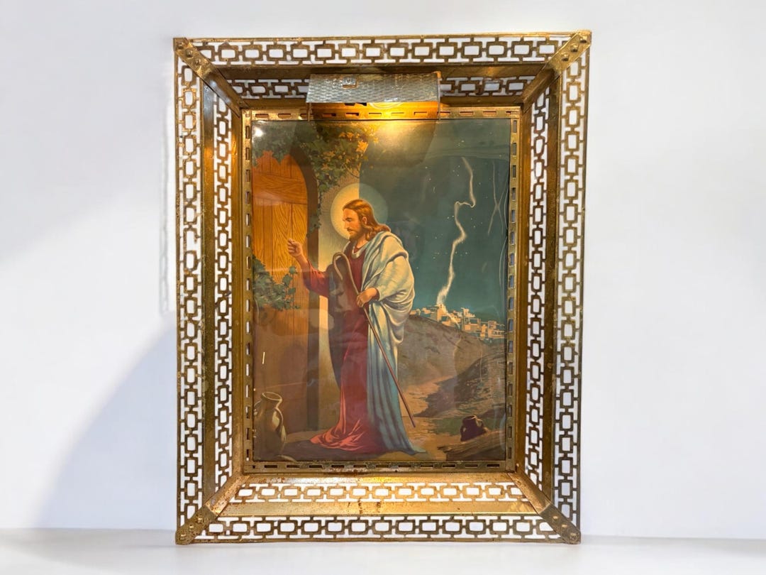 Midcentury Lighted Jesus Print - Metal Frame With Cut Outs, W Victor ...