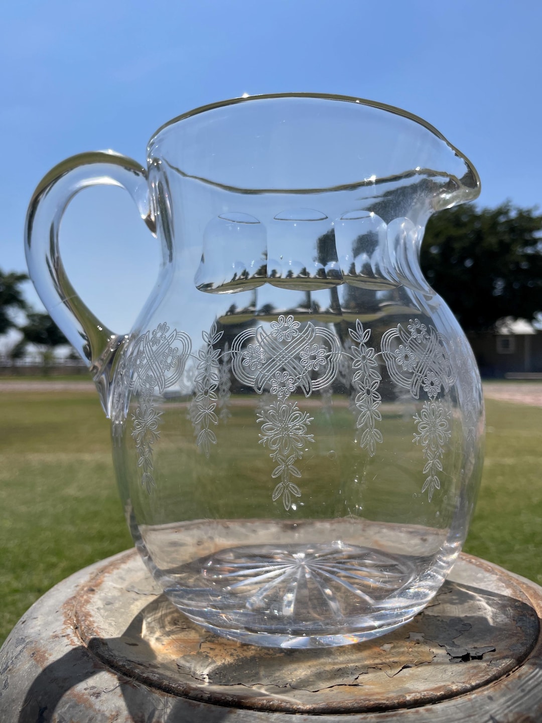Fry King Etched Glass Pitcher - Floral, Flowers, Handle, Spout, Art ...