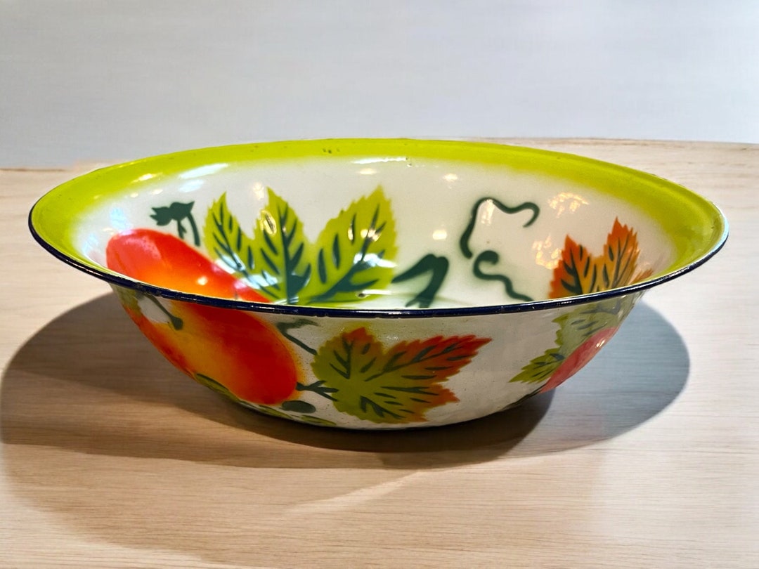 Large Midcentury Enamelware Serving Bowl Fruit Bowl With Colorful Fruit ...