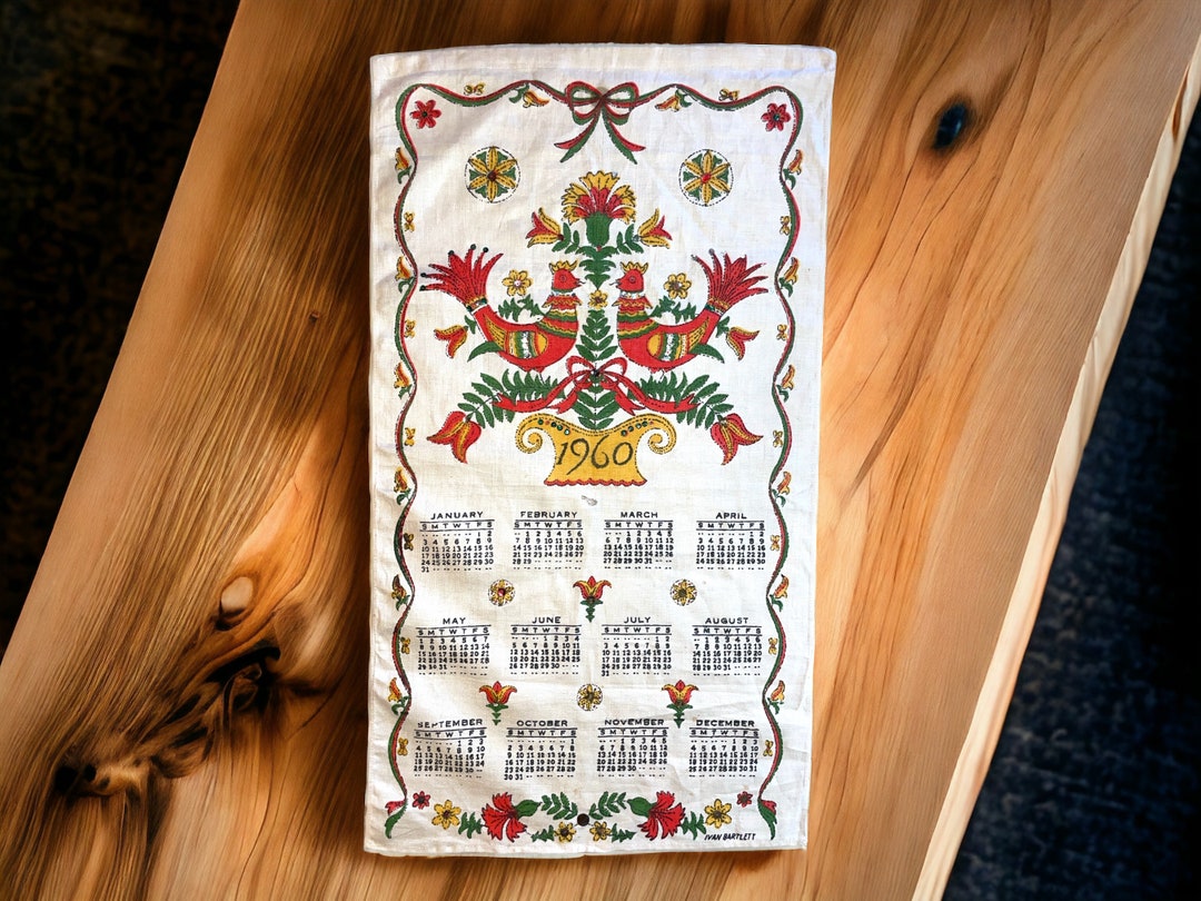 1960 Ivan Bartlett Linen Bedazzled Calendar Towel Stylized Midcentury Birds, Partridges ...