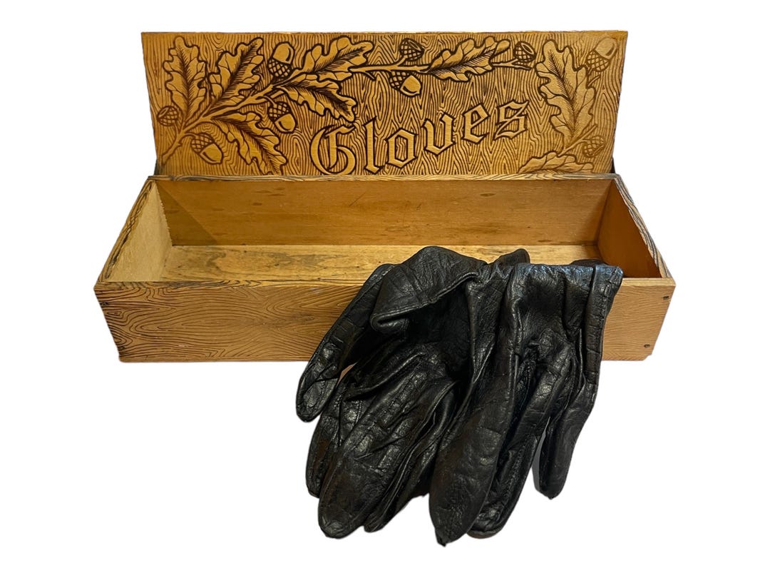 Vintage Antique Wooden Glove Box With Pair of Black Caresskin Size 7 ...
