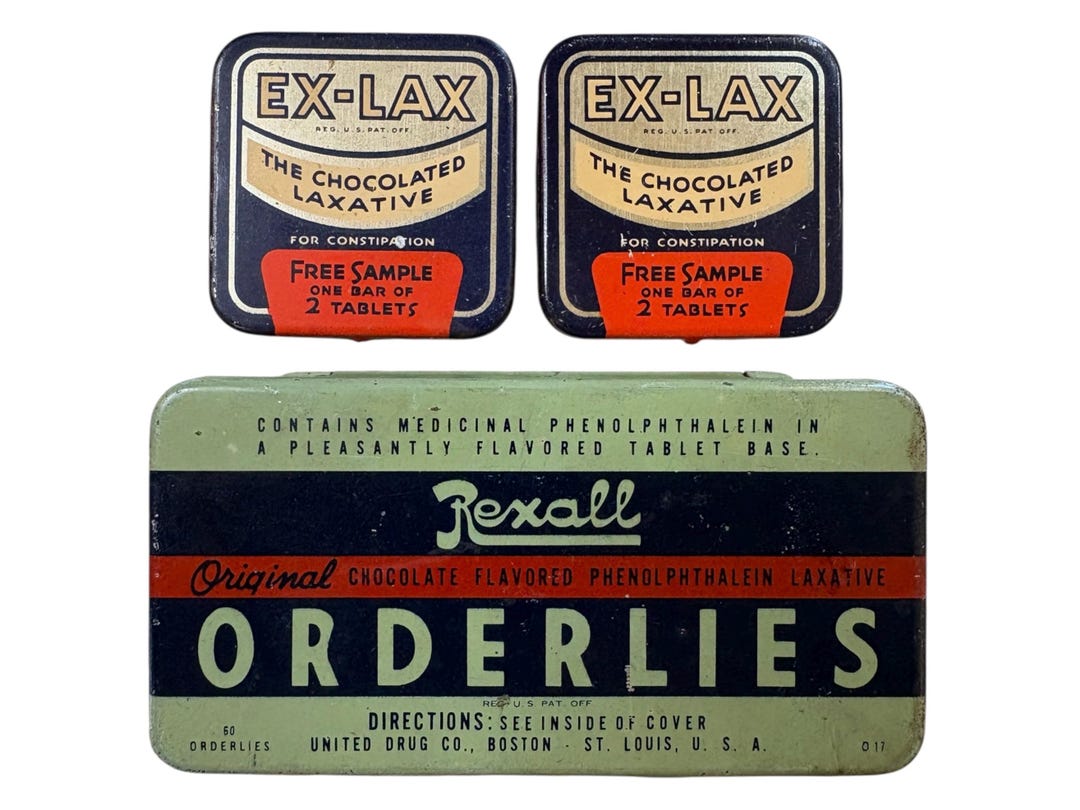 Vintage Laxative Advertising Lot - Rexall Chocolate Flavored Orderlies ...