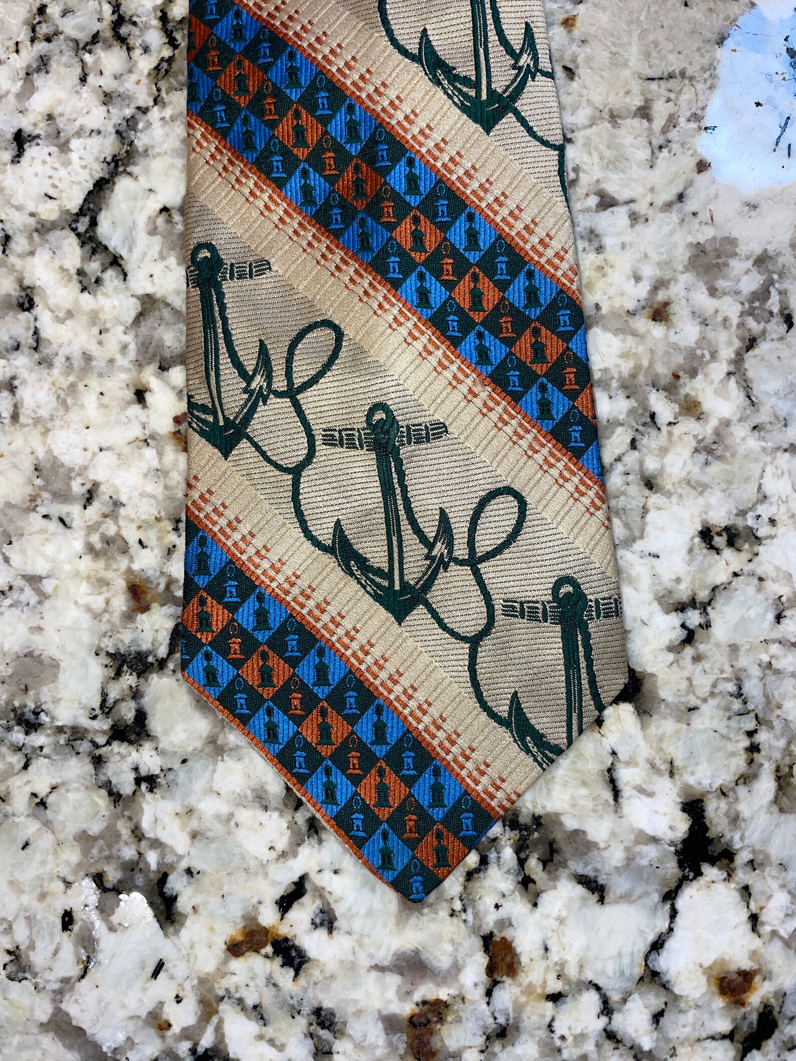Retro Sakowitz Nautical Anchors and Chess Piece Neck Tie - Orange, Blue ...