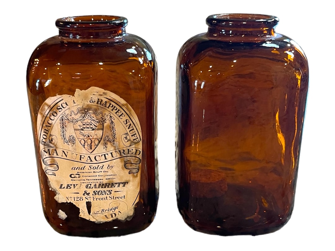 Pair Amber Glass Suff Jars - Levi Garrett & Sons, Tobacco Scotch Rappee ...