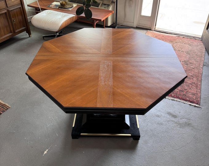 Chinoiserie Octagon Wood Dining Table With Black Pedestal Base and 1 ...