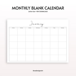 Monthly Blank Calendar, Horizontal Printable Calendar Pages, PDF ...