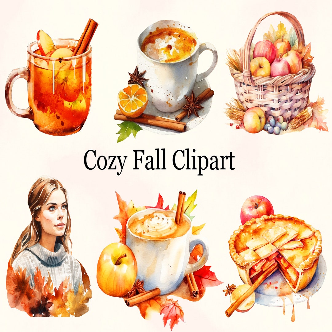 Watercolor Cozy Fall Clipart, Watercolor Fall Clipart, Cozy Autumn ...