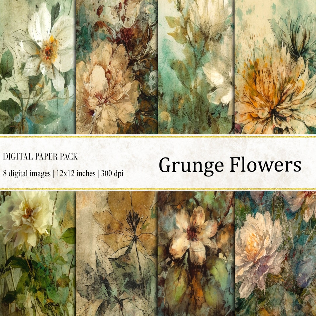 Grunge Floral Digital Paper: Vintage Green Flowers Backgrounds ...
