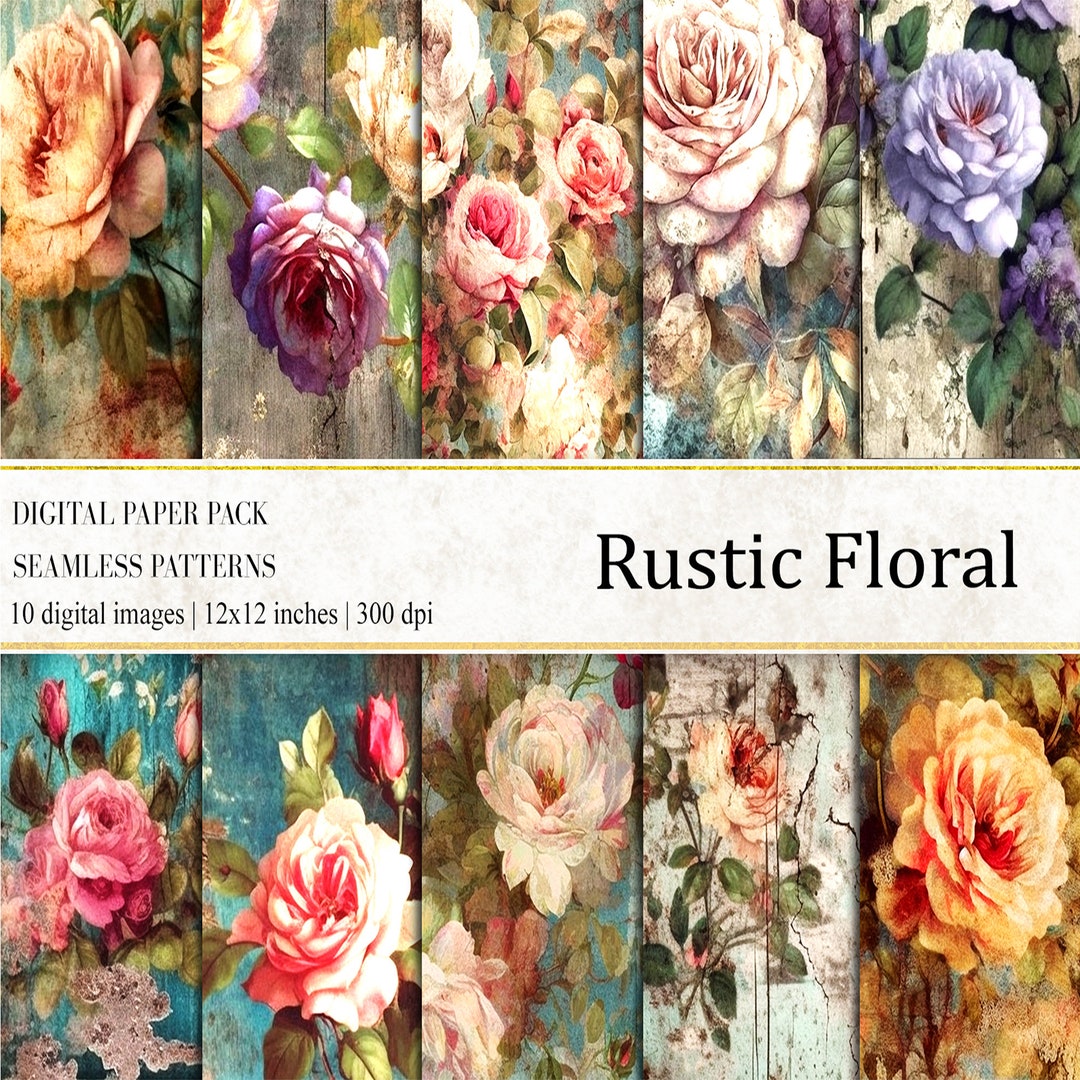 Watercolor Rustic Floral Digital Papers: Vintage Seamless Patterns ...