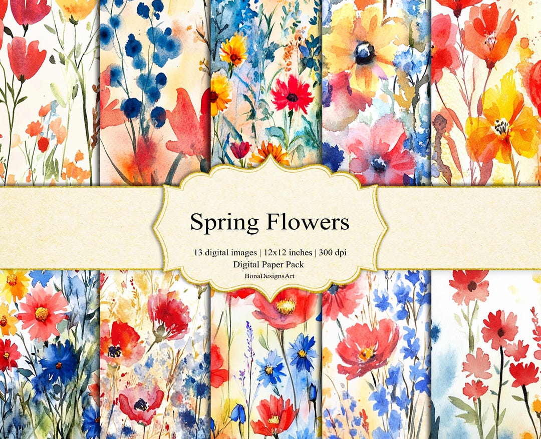 Flowers Digital Papers, Watercolor Vibrant Flower Paper, Spring Flower ...