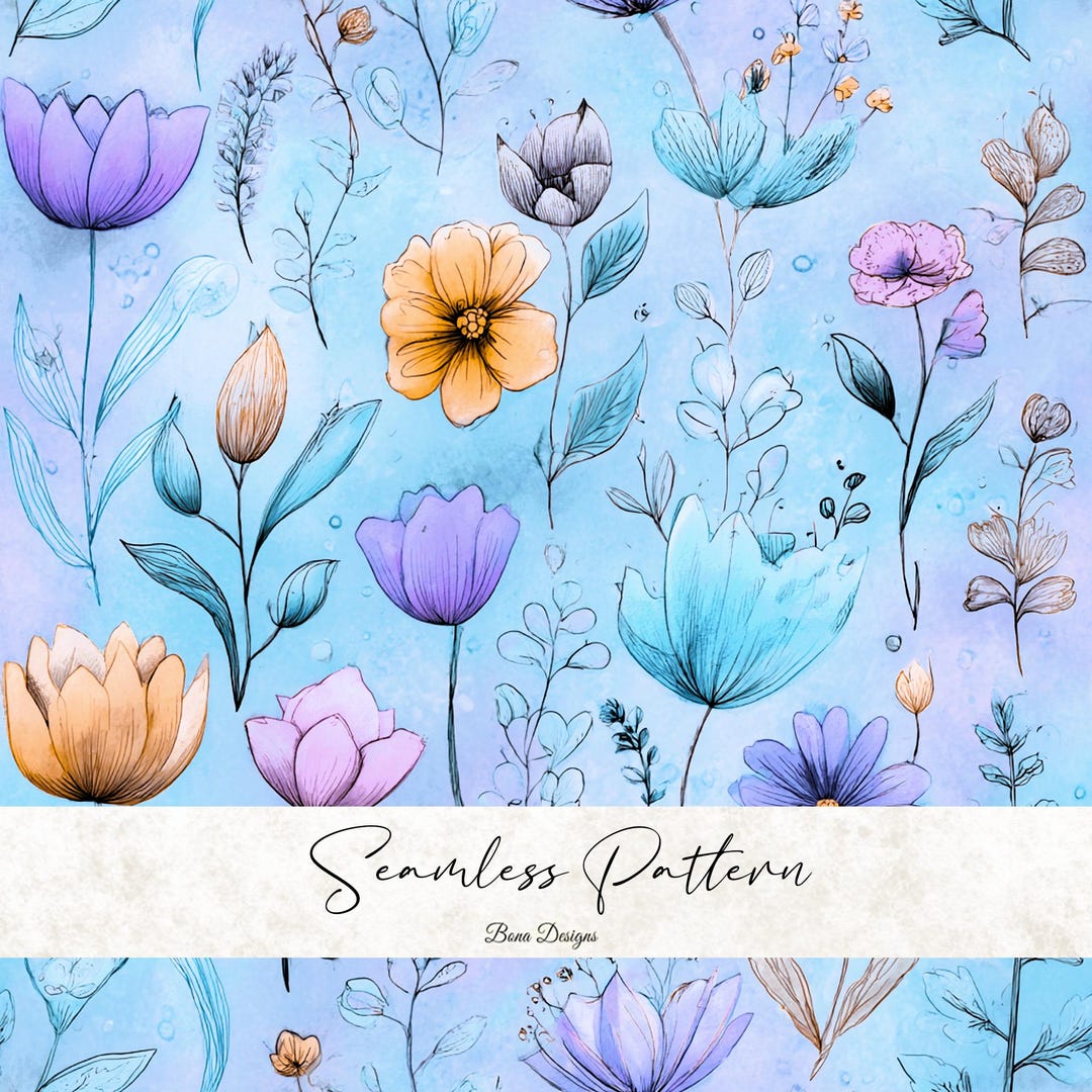 Soft Whimsical Flowers Seamless Pattern, Lilac Peach Botanical Fabric ...