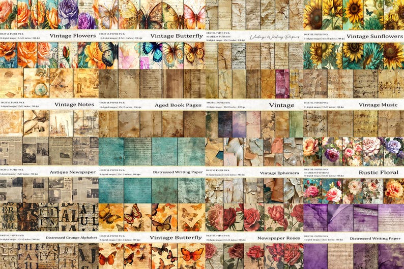 Vintage Ephemera Digital Paper Bundle: 1108 Antique Scrapbook Pages ...