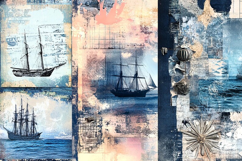 Nautical Collage Digital Paper: Seascape Scrapbook Designs (digital ...