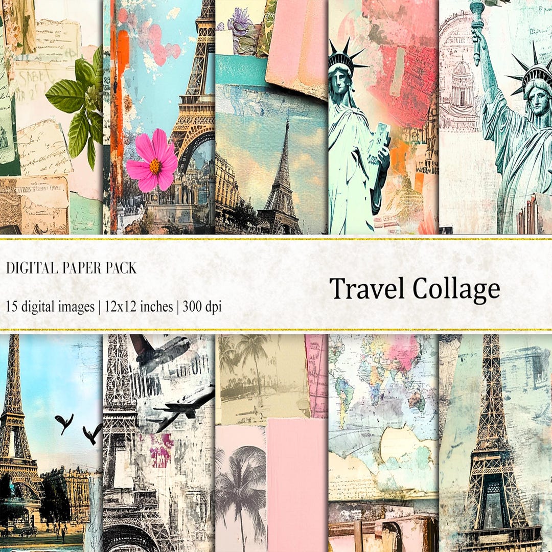 Travel Collage Digital Papers, Travel Journal Papers, Travel Scrapbook ...