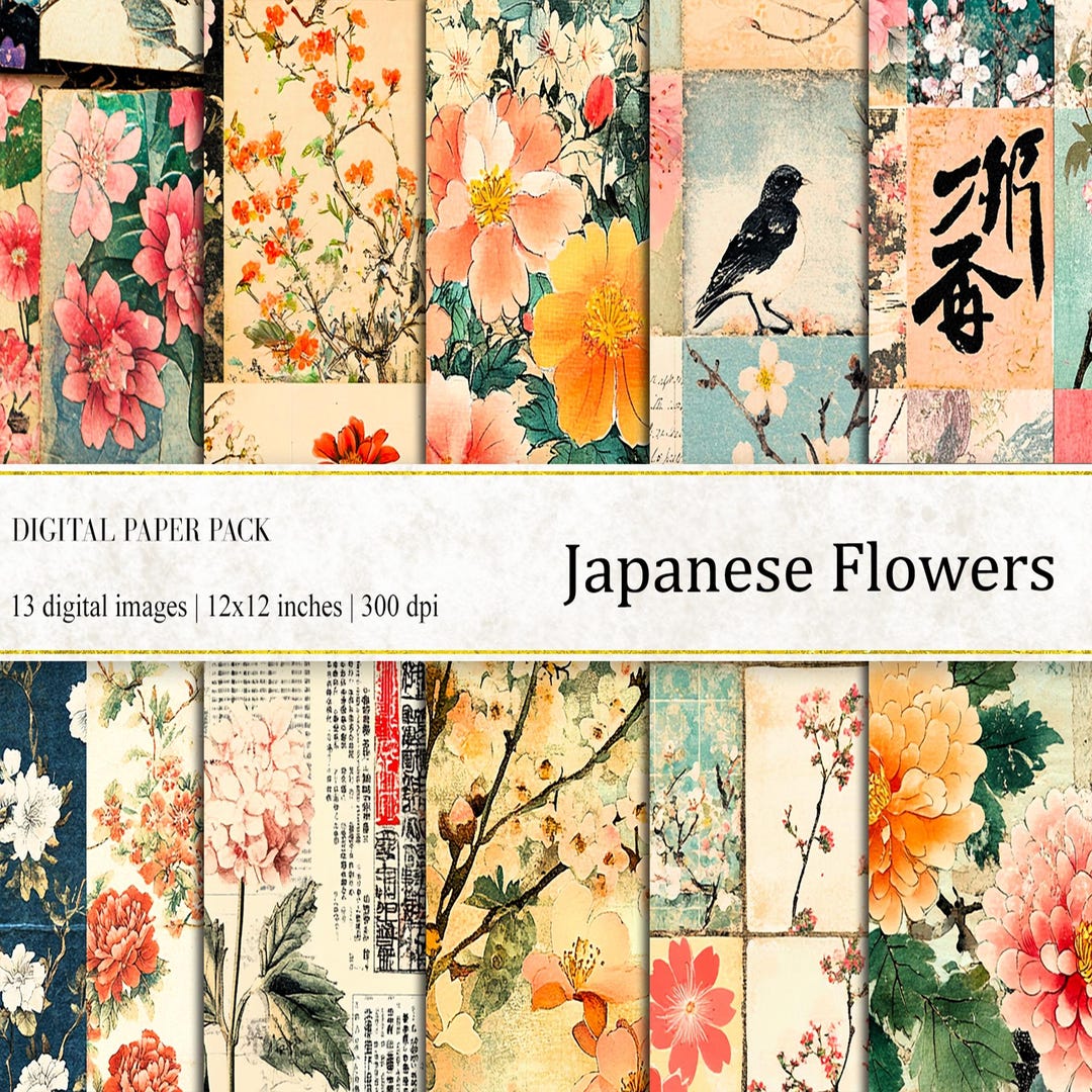 Vintage Japanese Floral Digital Paper: Asian Collage Print (digital ...