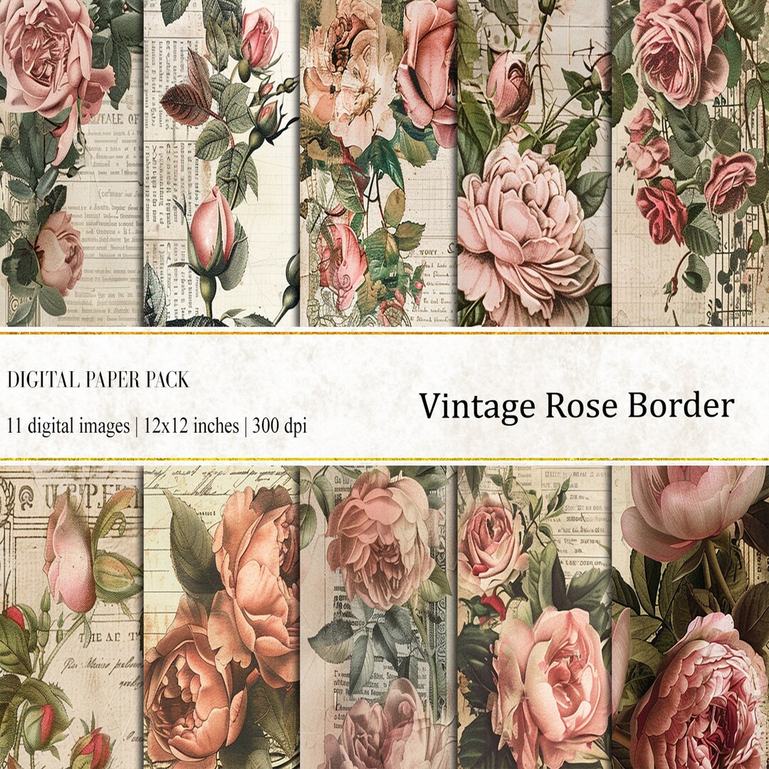 Vintage Rose Border Digital Papers, Vintage Roses Digital Paper, Rose ...