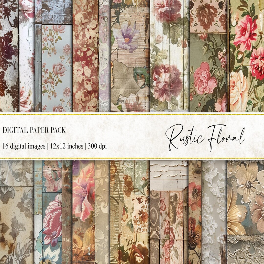 Rustic Floral Digital Paper, Floral Collage Digital Paper, Floral ...