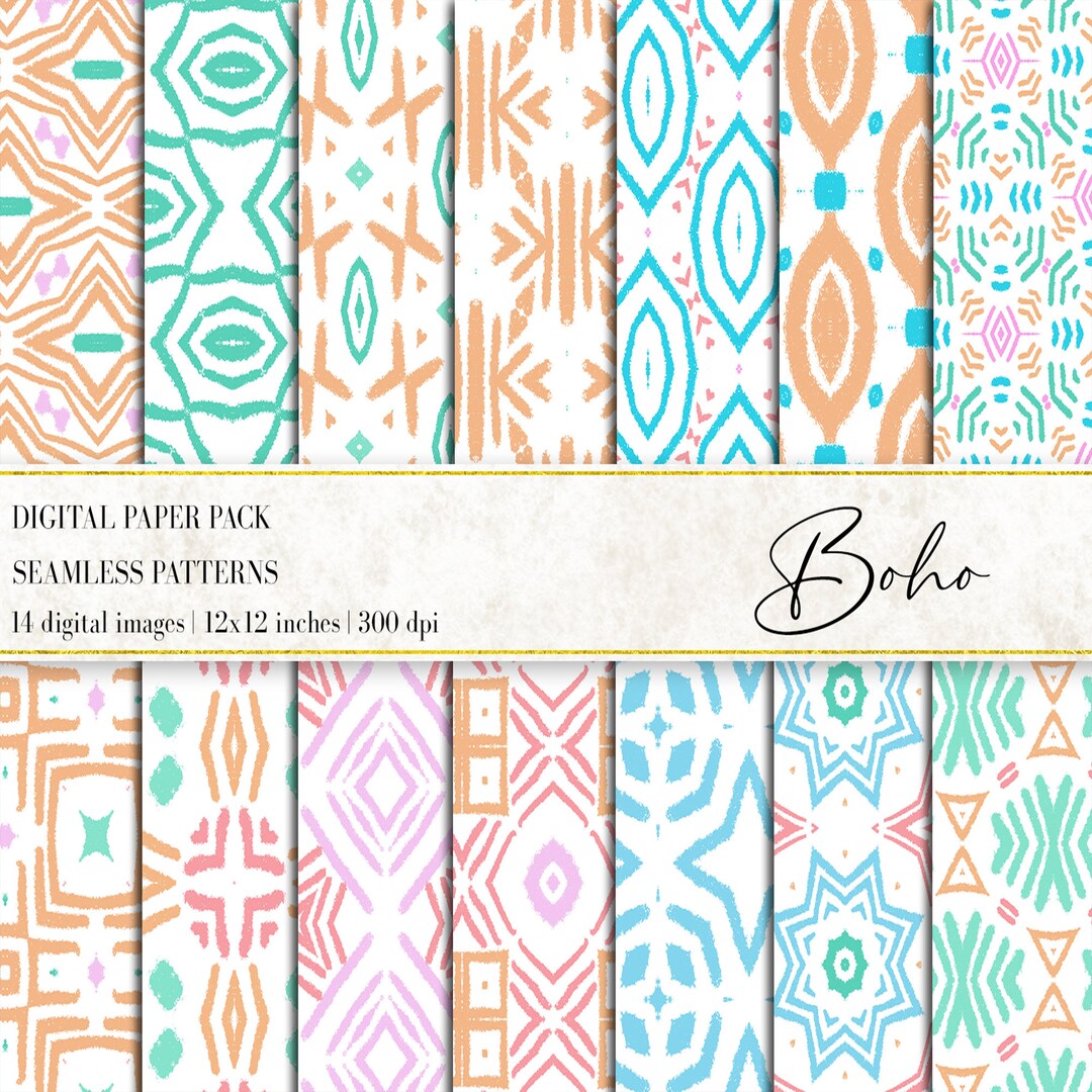 Boho Digital Papers, Boho Backgrounds, Boho Textures, Seamless Patterns ...