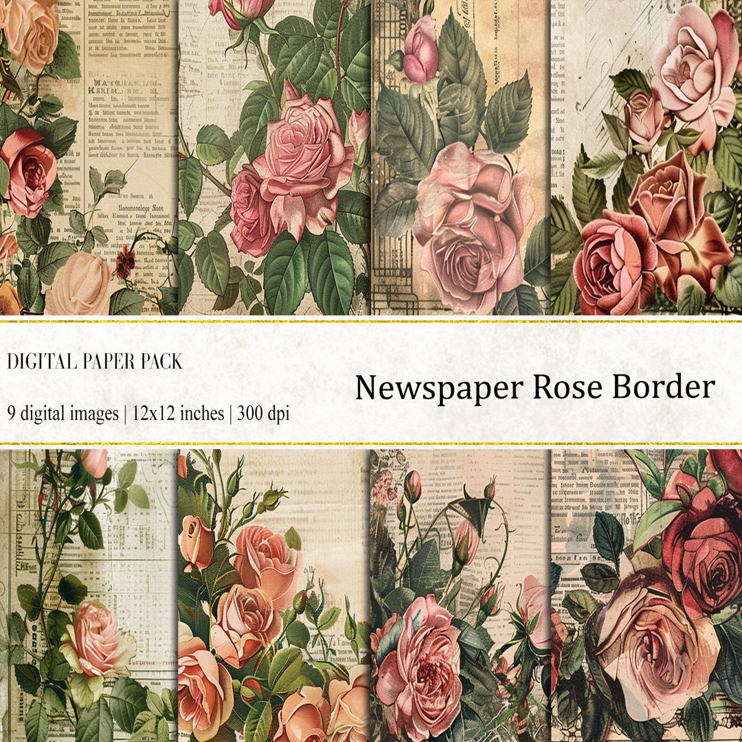 Newspaper Rose Border Digital Papers, Vintage Newspaper Digital Paper ...
