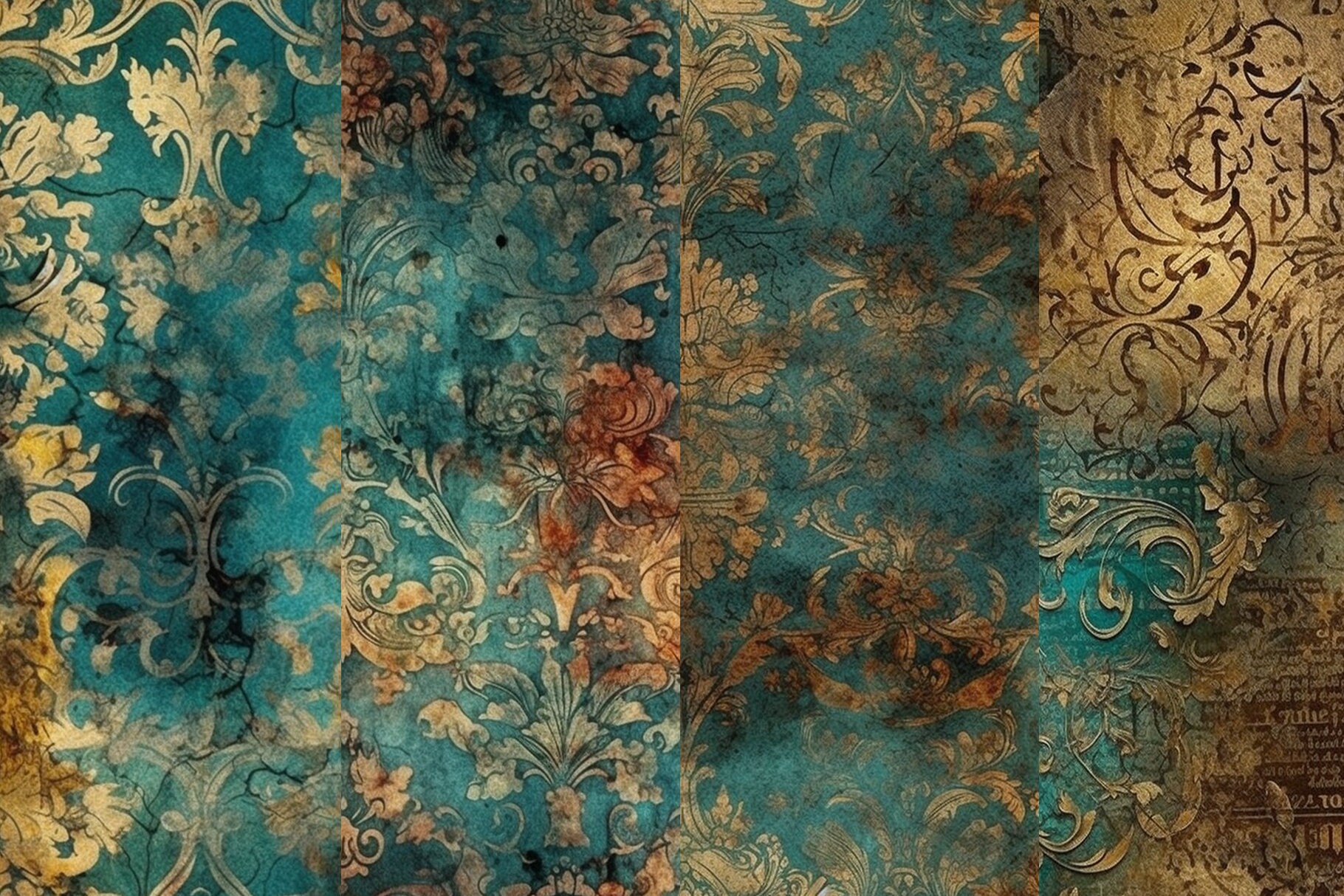 Distressed Damask Digital Papers, Teal Bronze Seamless Patterns, Bronze ...