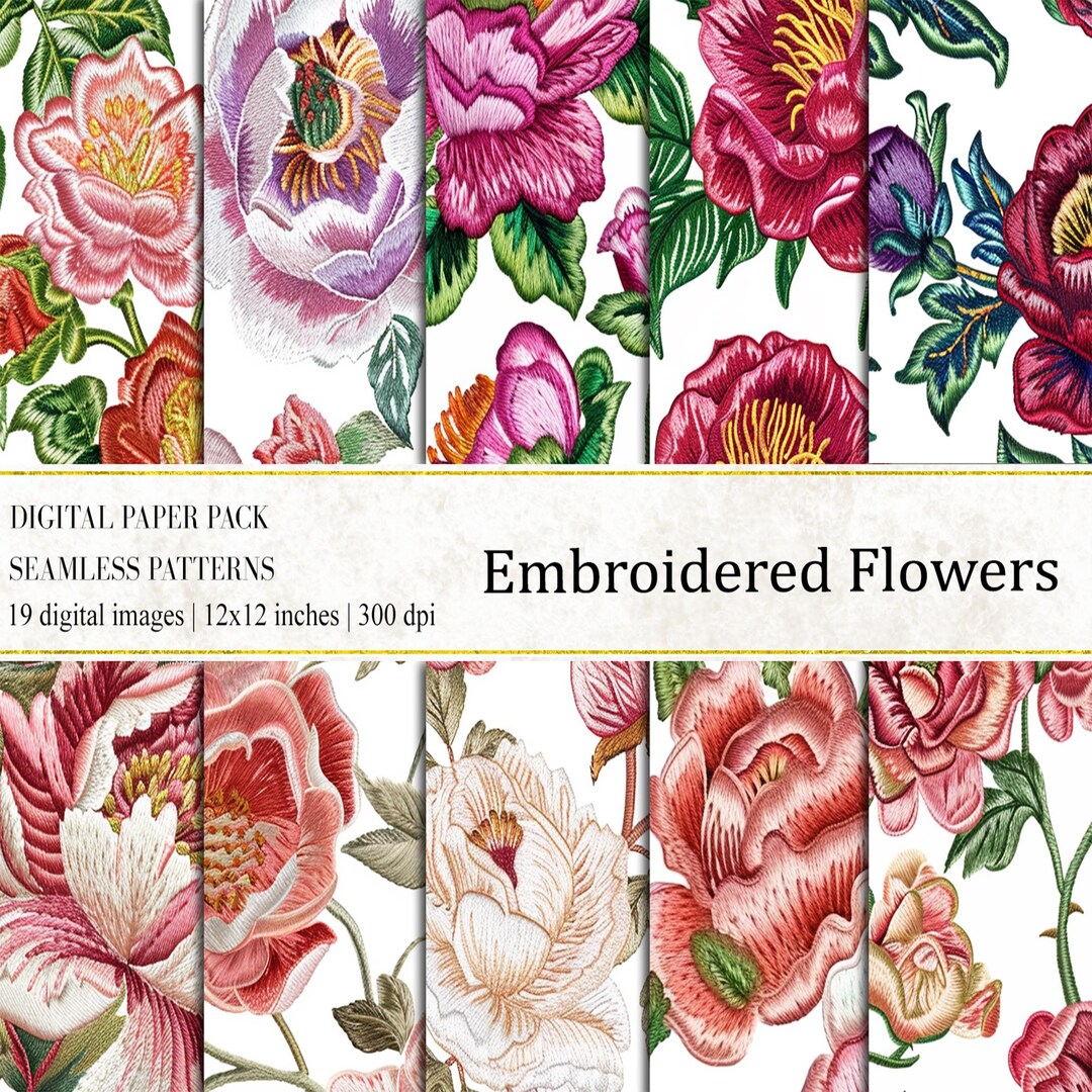 Embroidered Flowers Digital Paper, Rose Seamless Pattern (digital ...