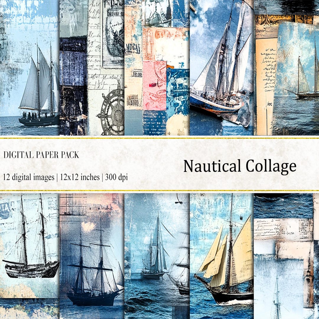 Nautical Collage Digital Paper, Seascape Digital Paper, Collage Papers ...