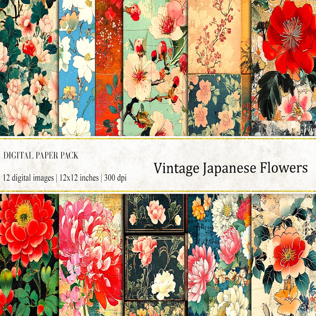 Vintage Japanese Floral Digital Paper: Botanical Collage (12x12, 300 ...