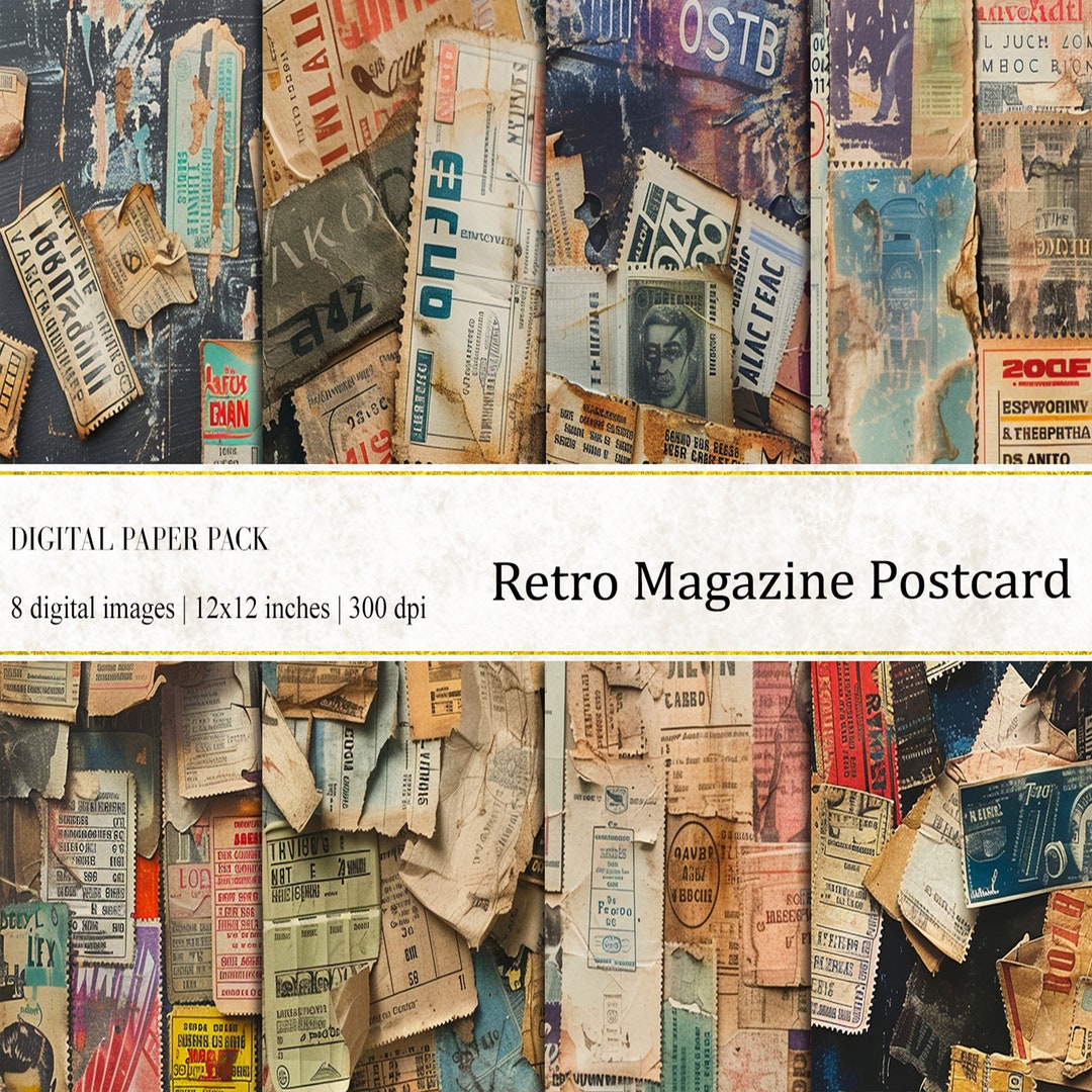 Retro Magazine Postcard Digital Papers, Retro Journal Paper, Retro ...