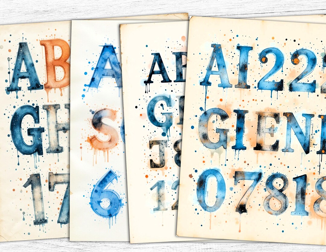 Watercolor Letters Numbers Junk Journal Papers, Watercolor Number ...