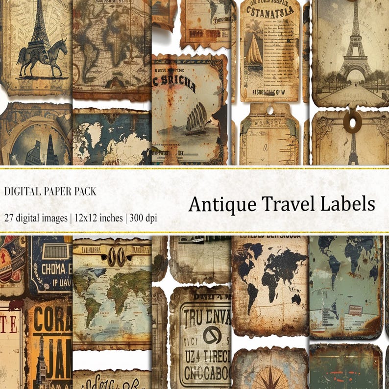 Antique Travel Labels Digital Paper: Vintage Ephemera (12x12 Inches) - Etsy