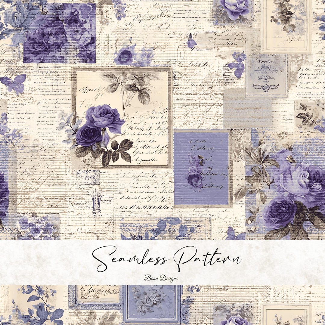 Vintage Shabby Chic Seamless Pattern: Ephemera French Country Fabric ...