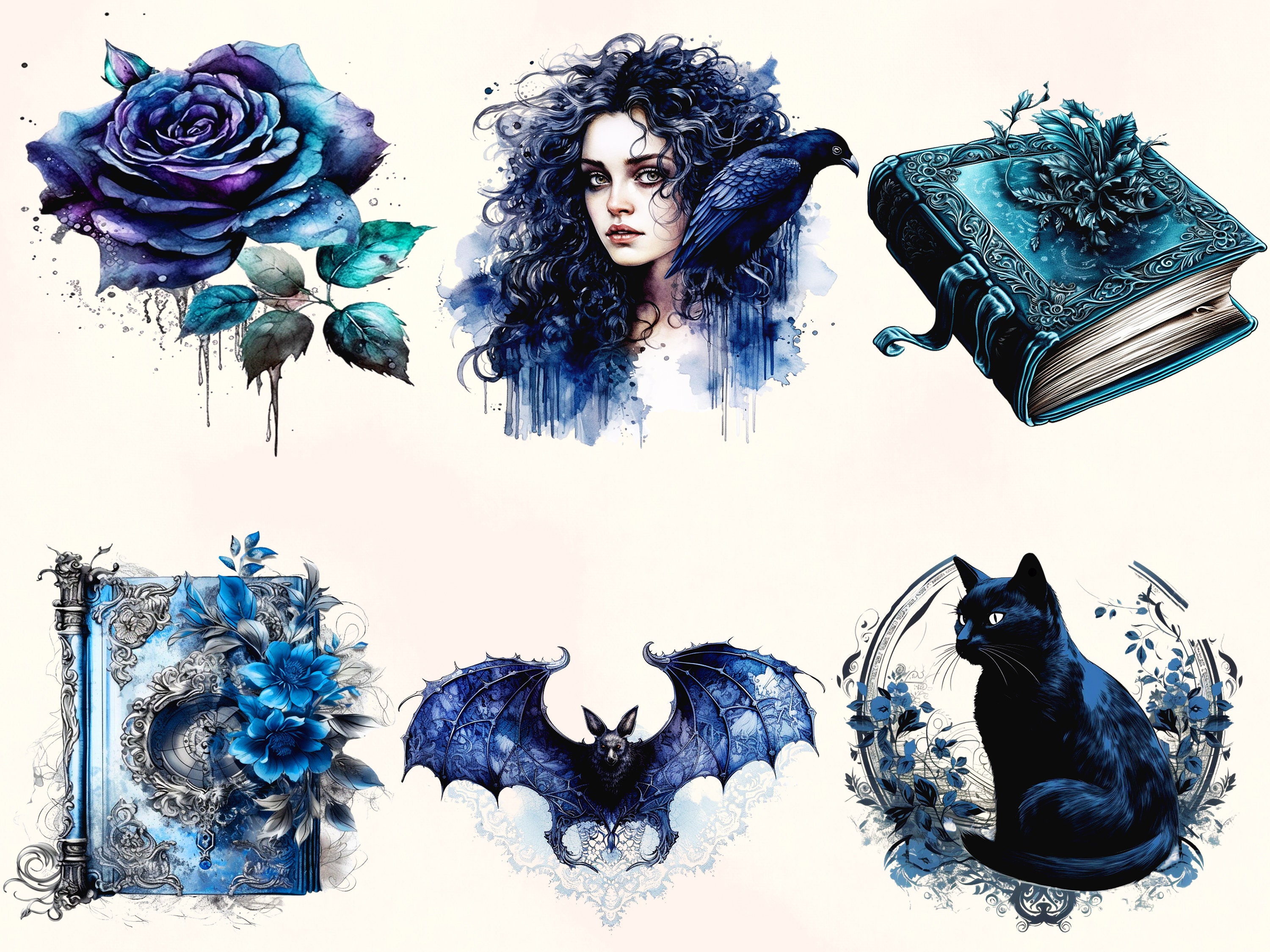 Watercolor Blue Witch Clipart: Fantasy Graphics (PNG, Commercial Use ...