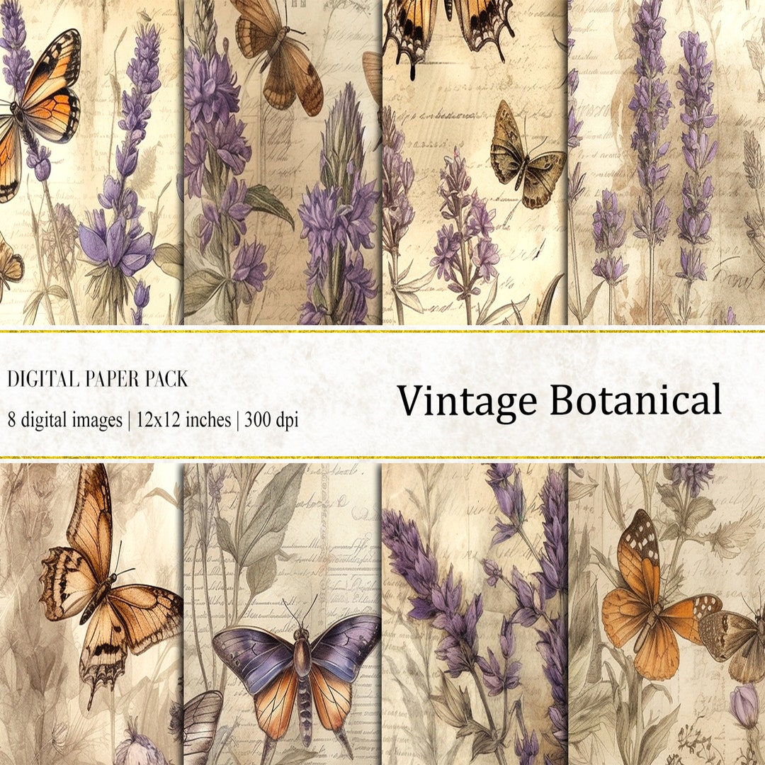 Vintage Botanical Digital Paper, Stained Vintage Papers, Ephemera Paper ...