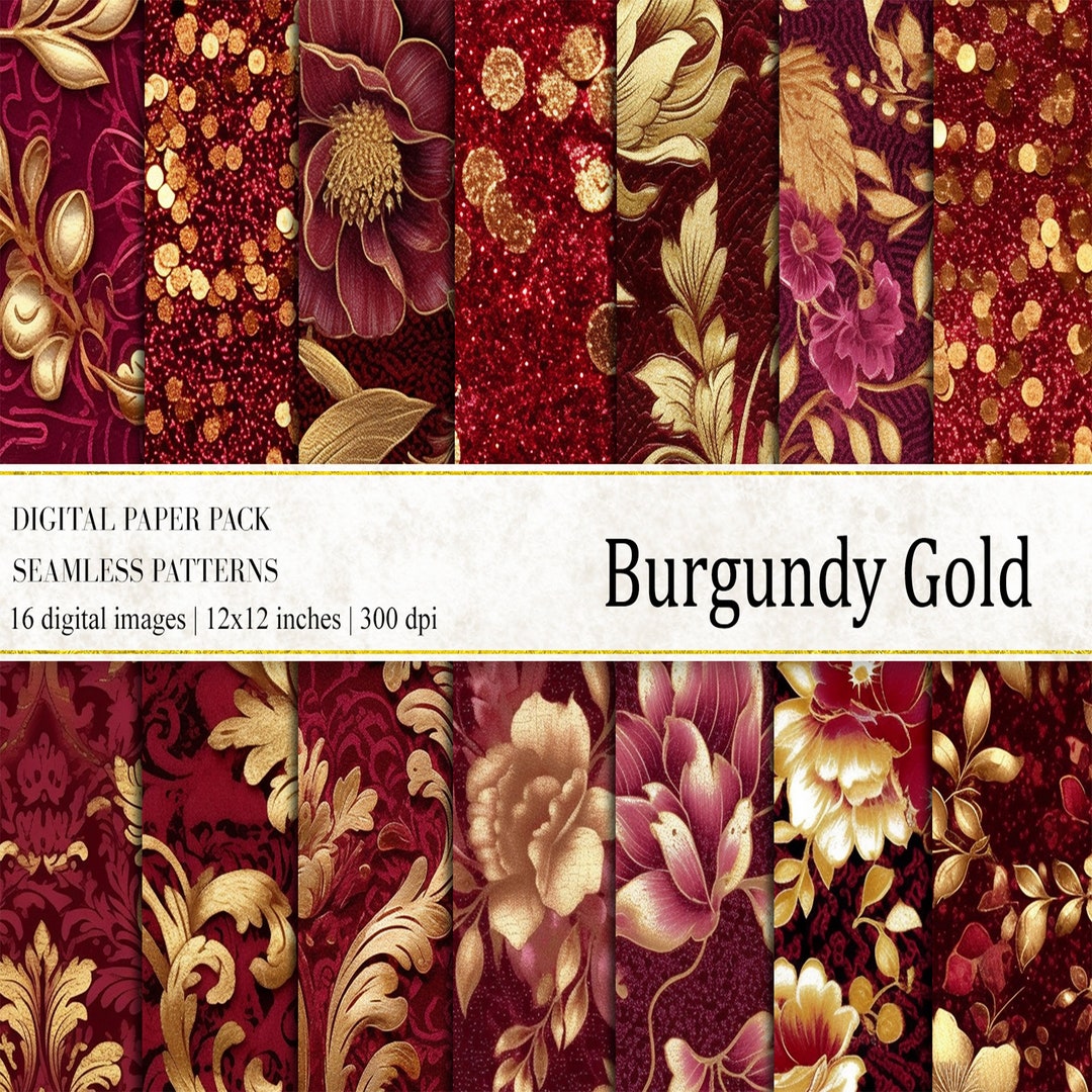 Burgundy Gold Digital Papers, Burgundy Gold Seamless Pattern, Burgundy ...
