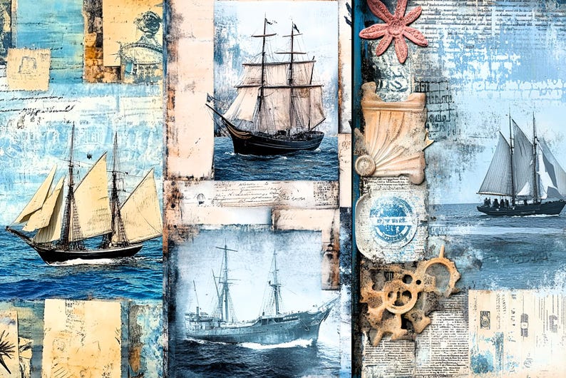 Nautical Collage Digital Paper: Seascape Scrapbook Designs (digital ...