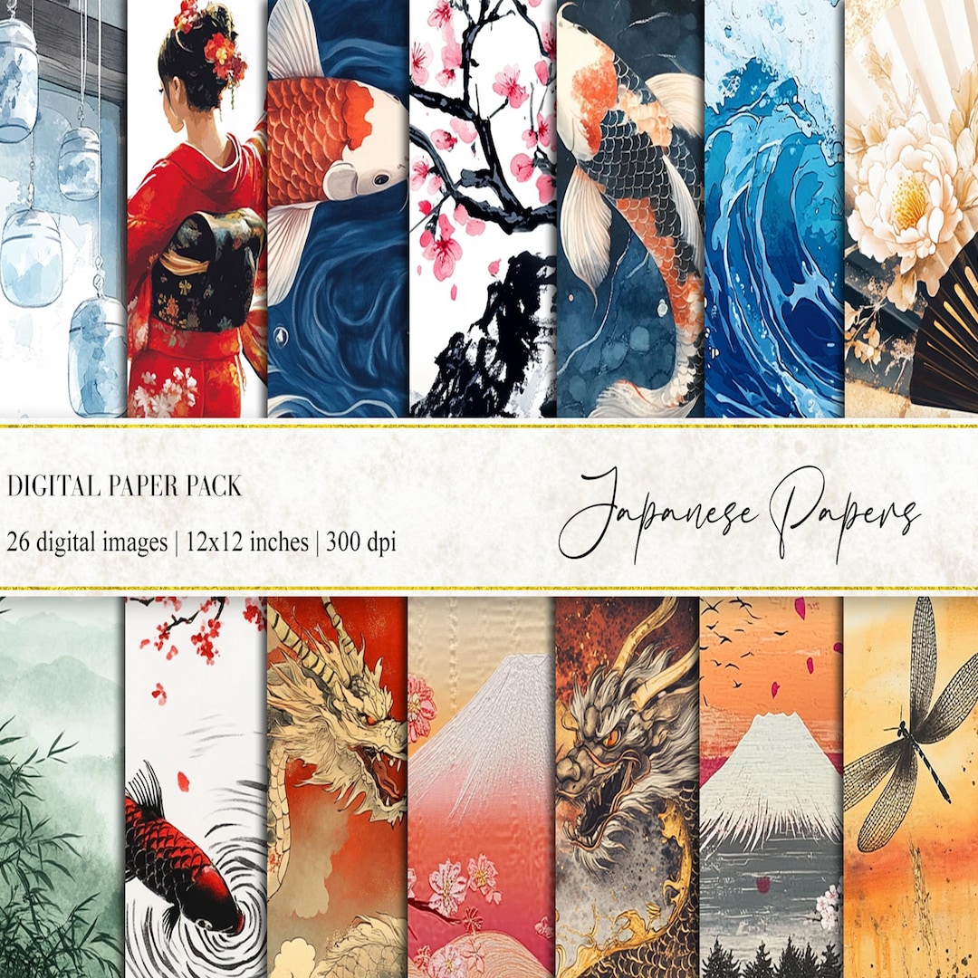 Vintage Japanese Digital Paper: Oriental Scrapbook Pages (PNG, 12x12 In ...