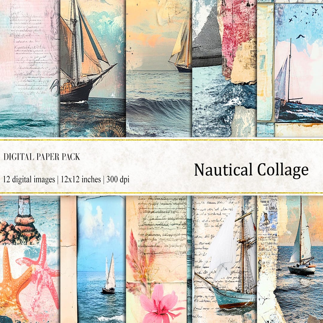 Nautical Collage Digital Paper, Nautical Paper, Seascape Digital Paper ...