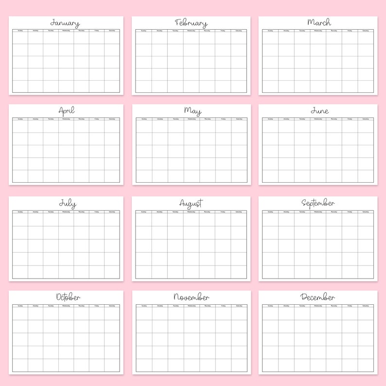 Blank Monthly Calendar Printable, Horizontal Planner Pages (PDF ...