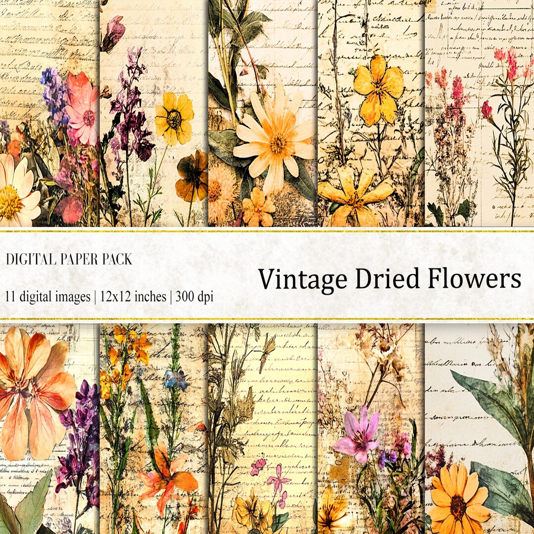Vintage Dried Flowers Digital Papers, Floral Digital Paper, Cottage ...