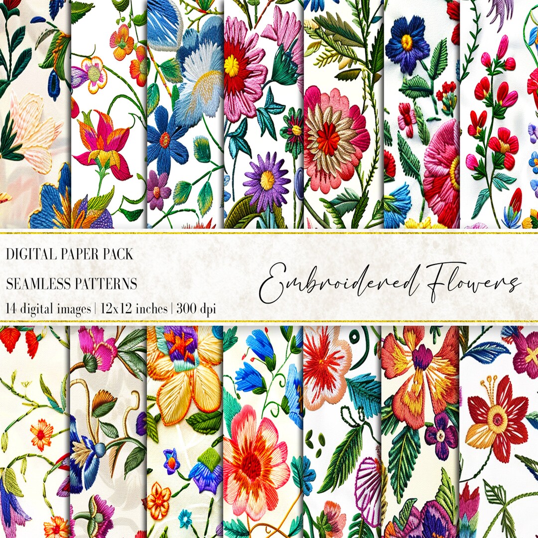 Embroidered Flower Digital Paper, Embroidered Flower Seamless Pattern ...