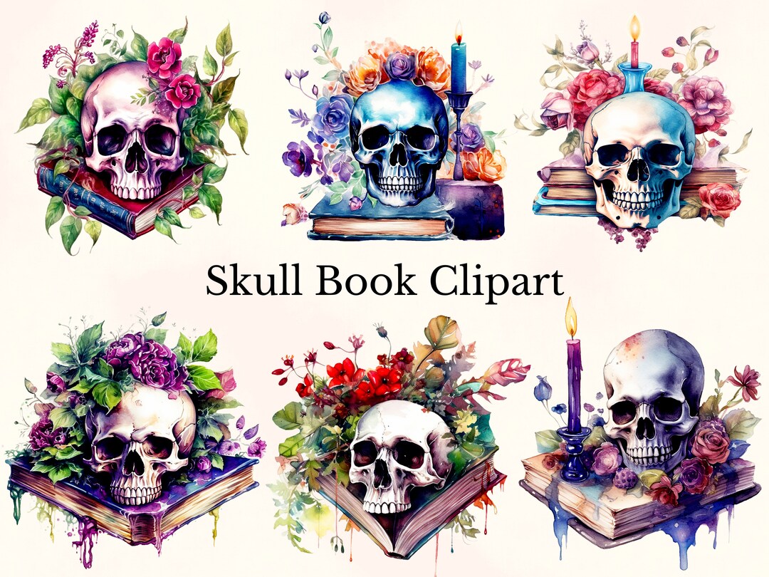 Watercolor Fantasy Skull Book Clipart, Watercolor Books, Skull Books ...