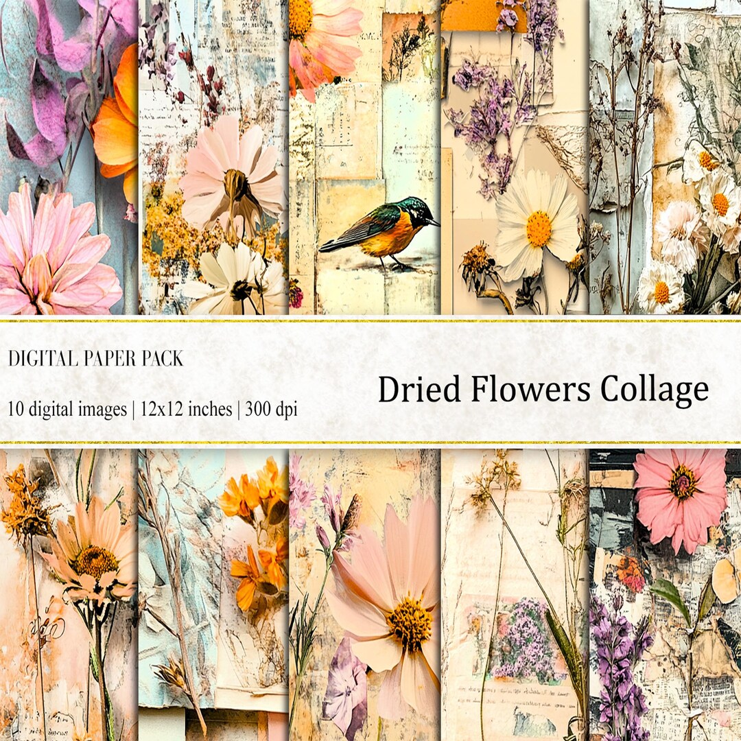 Dried Flowers Collage Digital Papers: Botanical Ephemera (digital ...