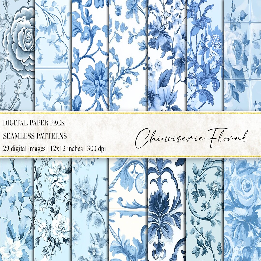 Chinoiserie Floral Digital Papers, Blue Toile De Jouy Digital Papers ...