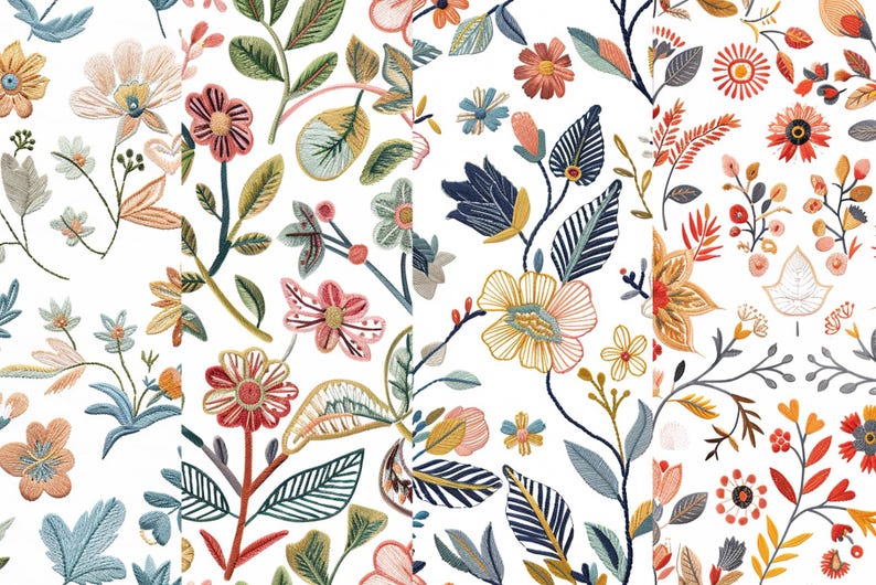 Embroidered Flowers Digital Paper: Seamless Floral Patterns (digital ...