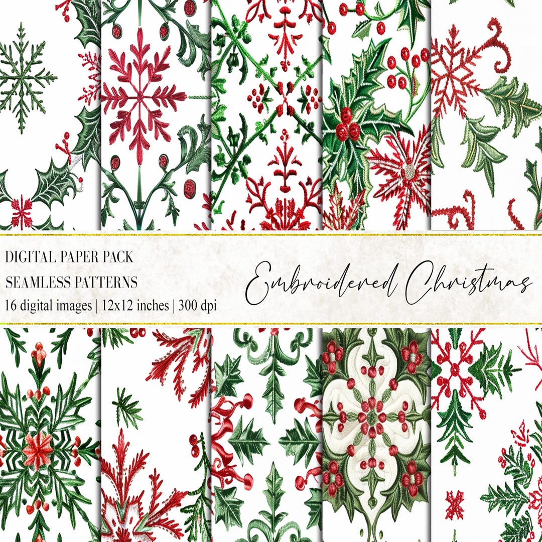Embroidered Christmas Digital Paper: Seamless Holiday Patterns (digital ...