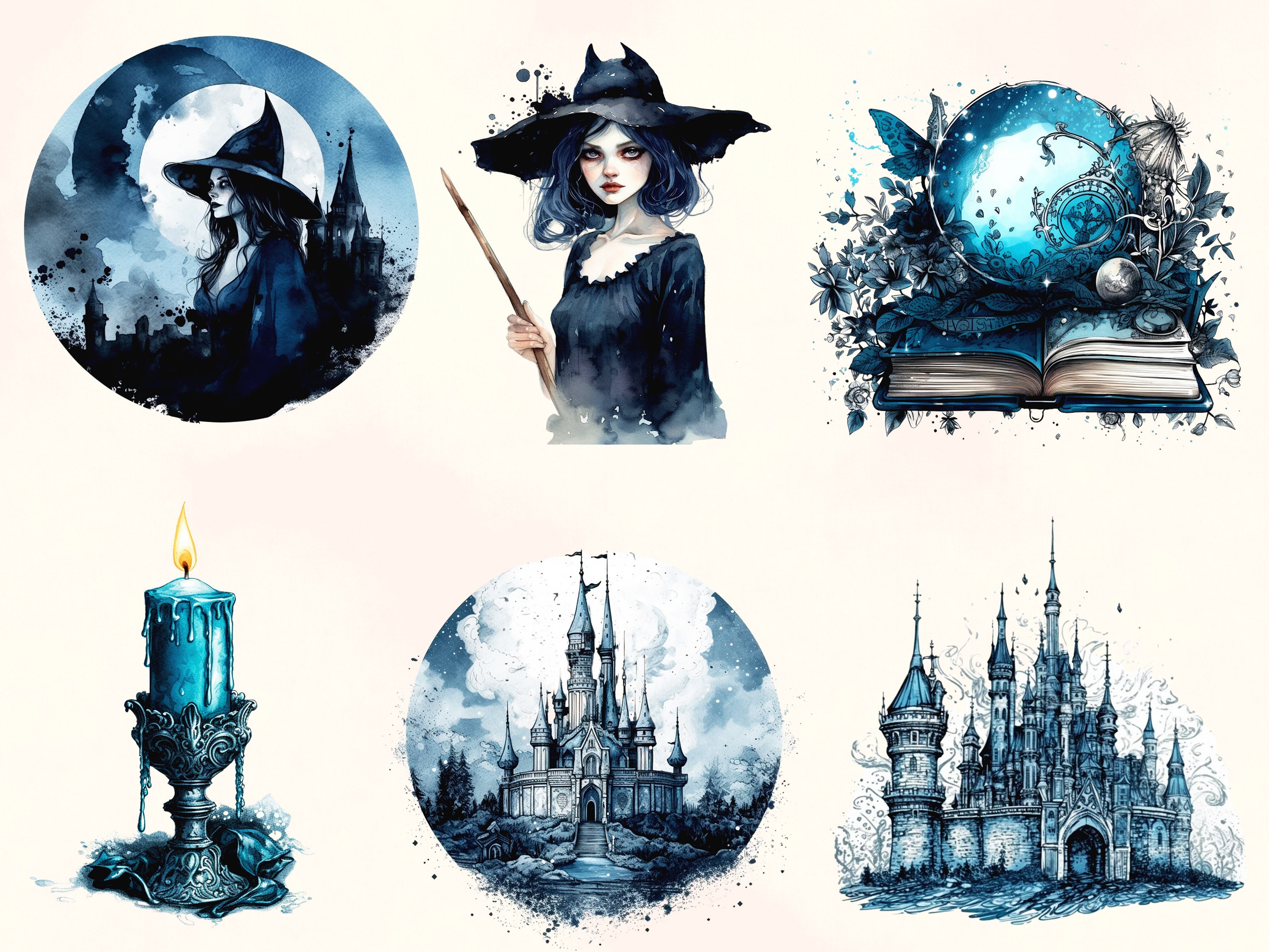 Watercolor Blue Witch Clipart: Fantasy Graphics (PNG, Commercial Use ...