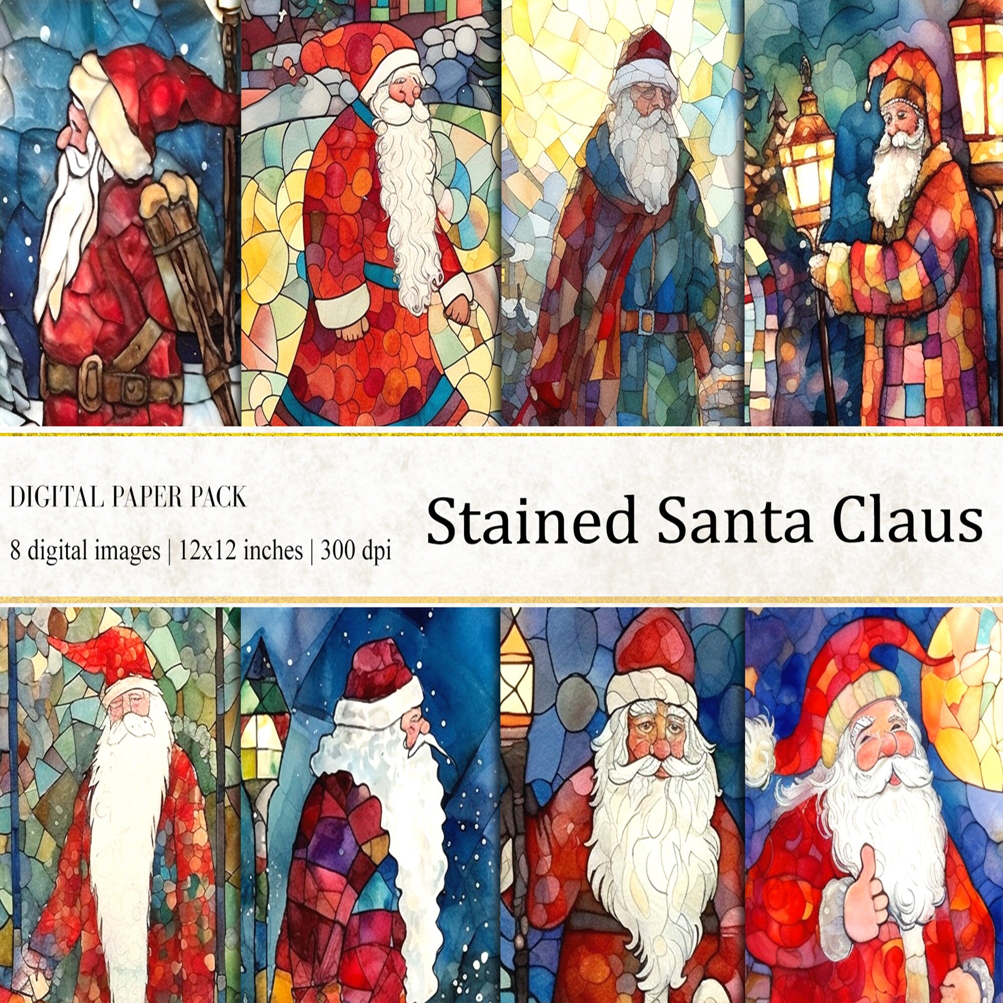 Stained Glass Santa Claus Digital Papers: Vintage Christmas (digital ...
