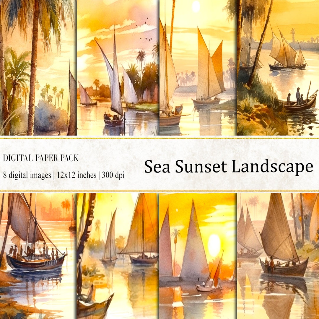 Watercolor Sea Sunset Digital Paper: Landscape Backgrounds (digital ...